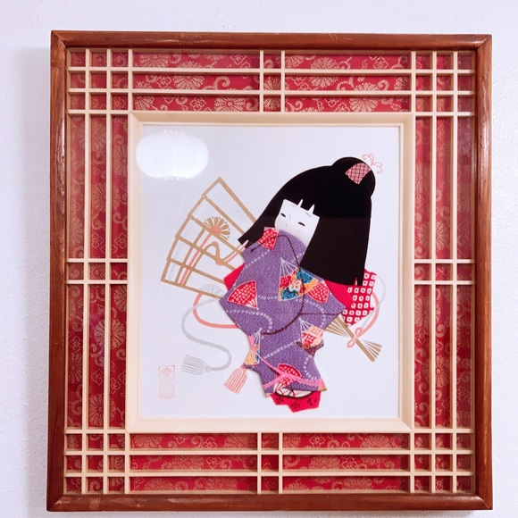 Vintage | Art | Japanese Asian Art Geisha Girl Shadow Box Wooden Frame ...